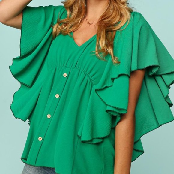 Haptics | Tops | Kelly Green Flutter Sleeve Babydoll Peplum Top | Poshmark
